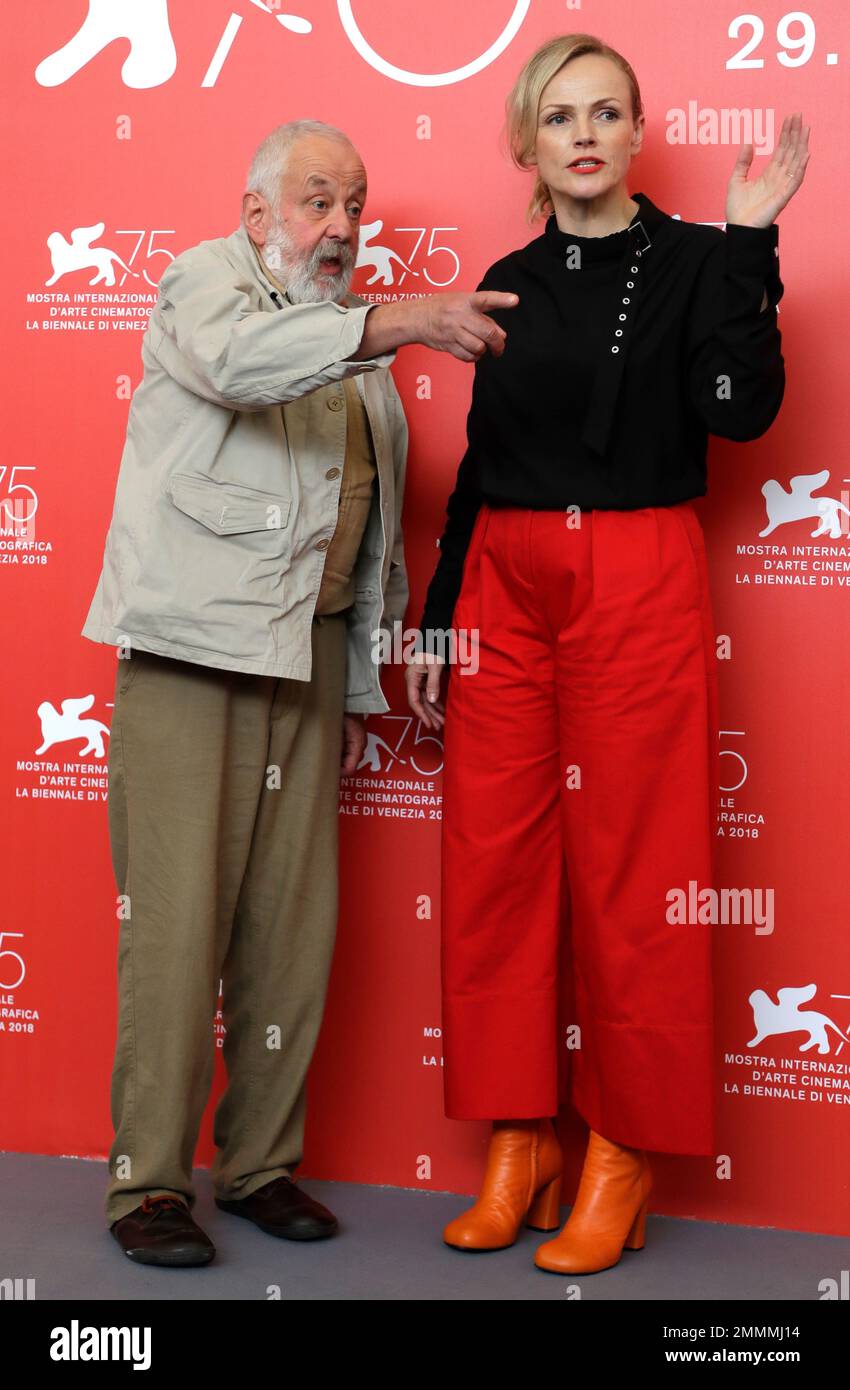 Actress Maxine Peake and director Mike Leigh pose for photographers at ...