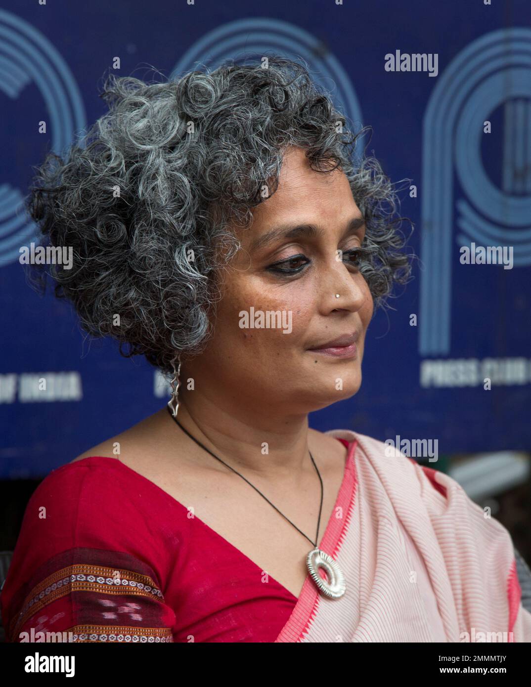 Writer activist Arundhati Roy sits for a press conference opposing the ...