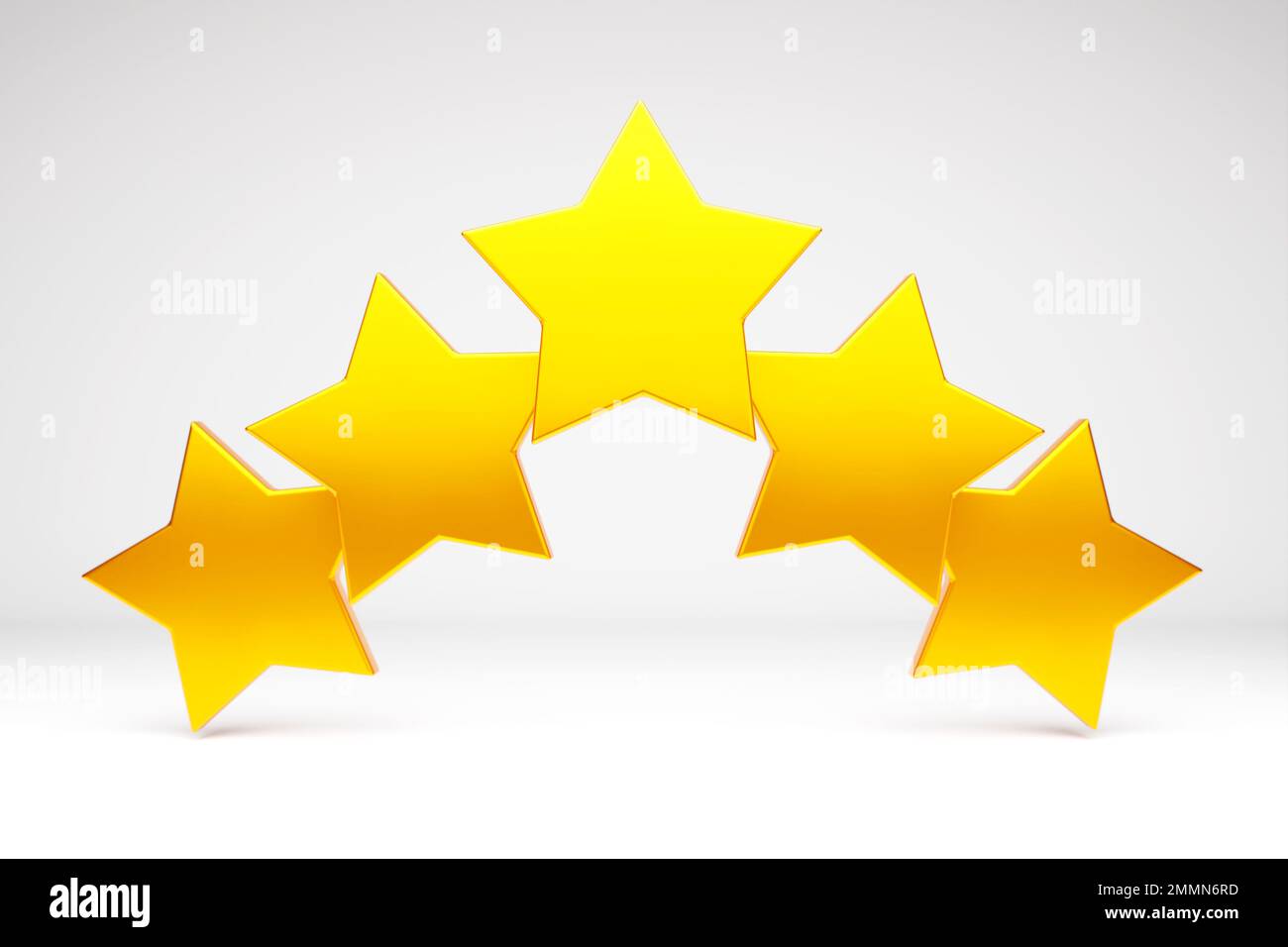 3d illustration 5 golden stars stands in a row on white isolated ...