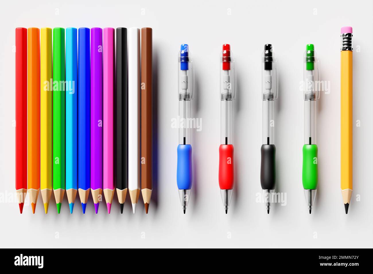 Colored pencils, colored ink pens and a regular pencil with a red ...