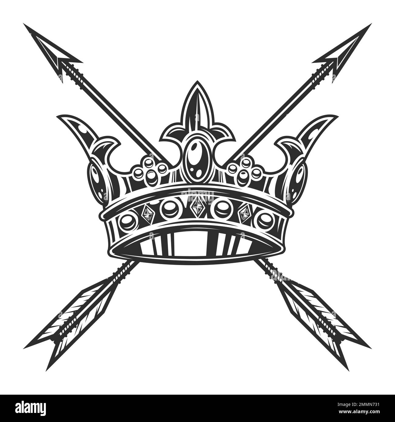 Vintage hunting arrow concept with royal crown in monochrome style ...