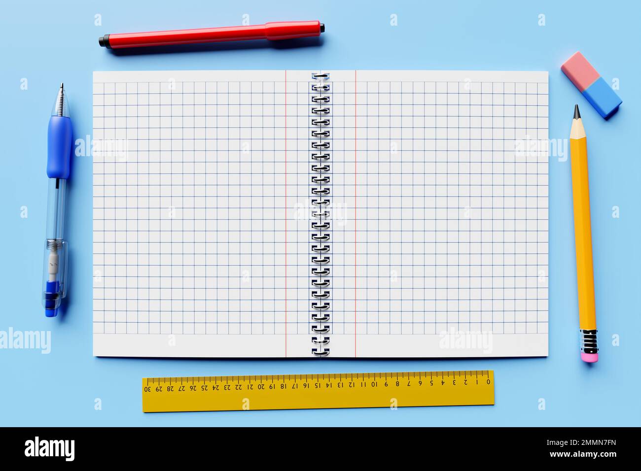 3В illustration, an open checkered notebook, a blue pen, pencil, rubber ...