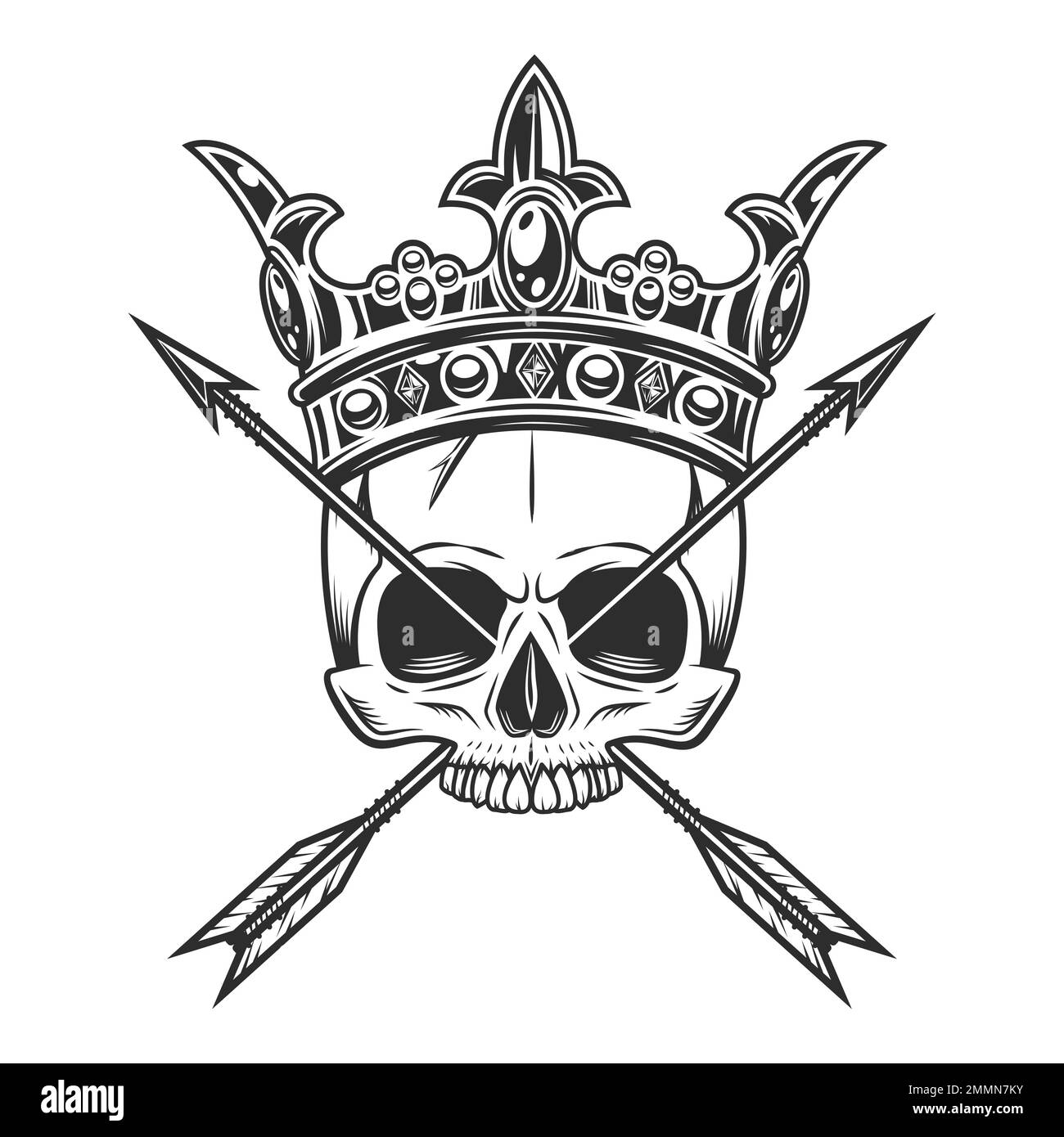 Skull without jaw with royal crown and vintage hunting arrow in ...