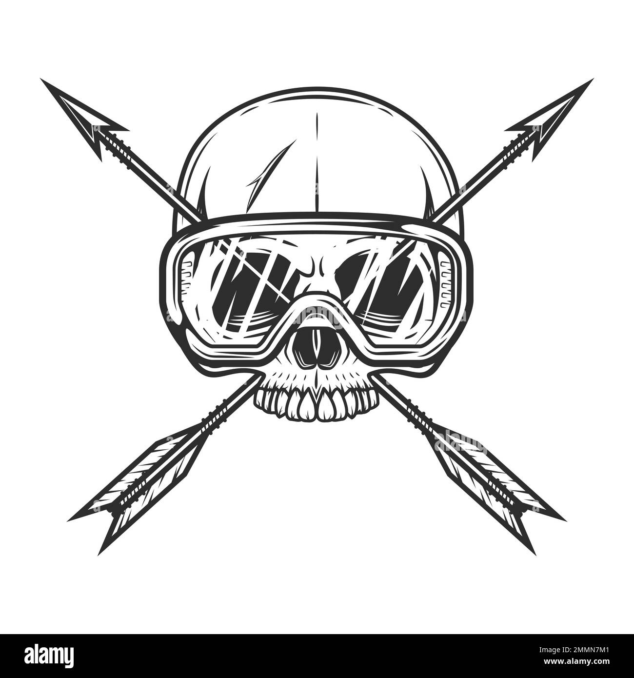 Skull without jaw with safety glasses and vintage hunting arrow in ...