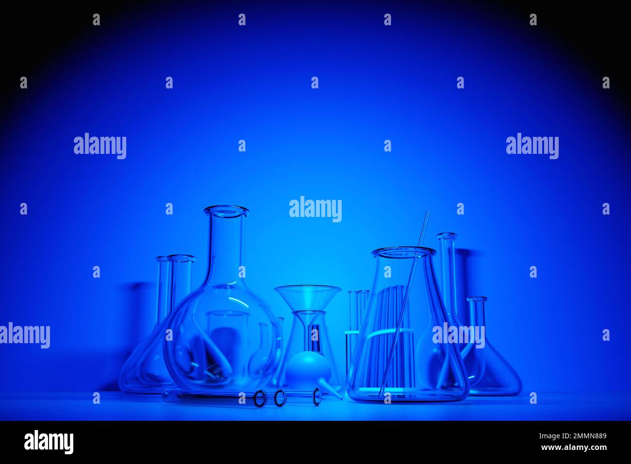 3D illustration laboratory glass equipment, test tubes and flasks on ...