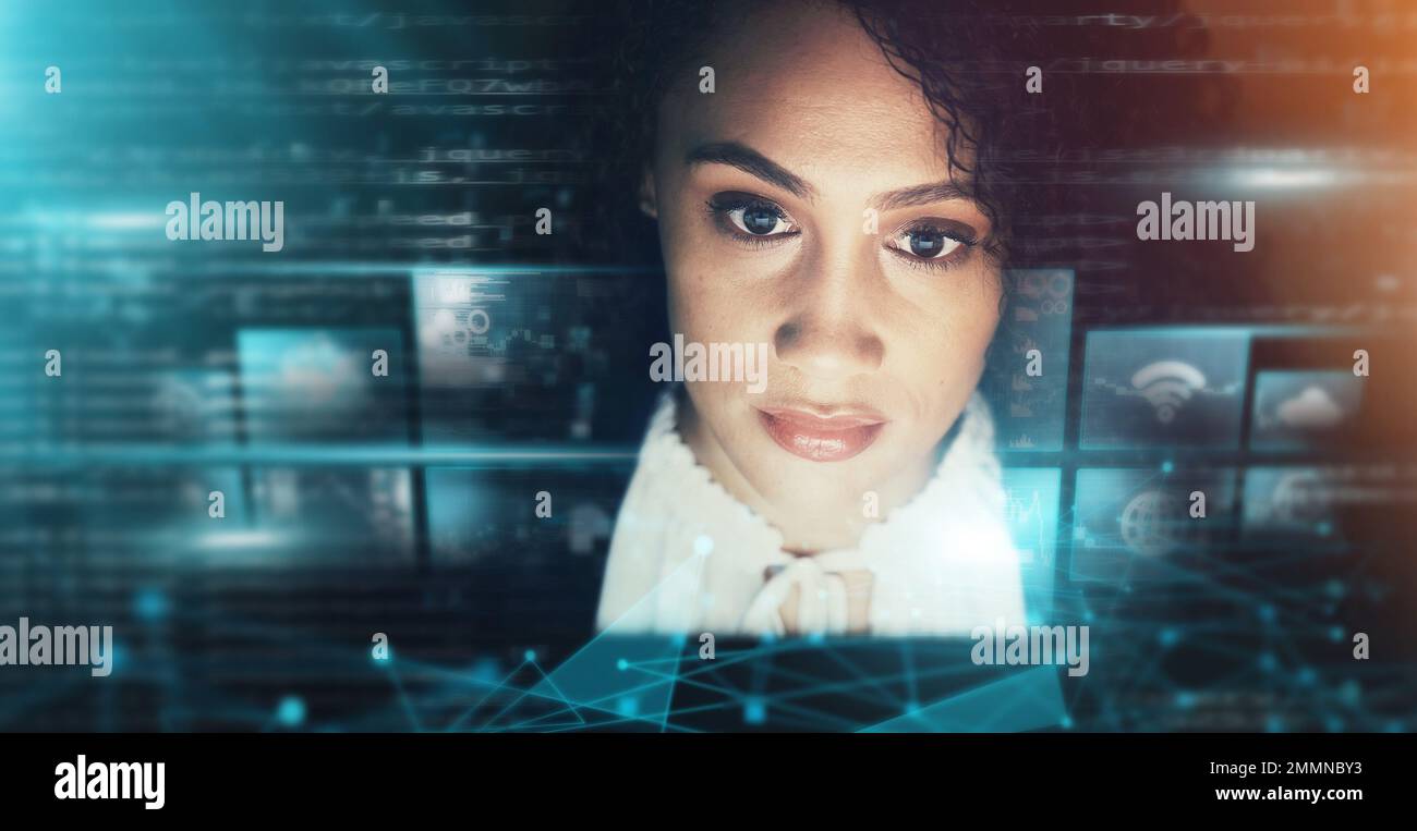 Futuristic, AI and business woman, face and connectivity, cyber data ...