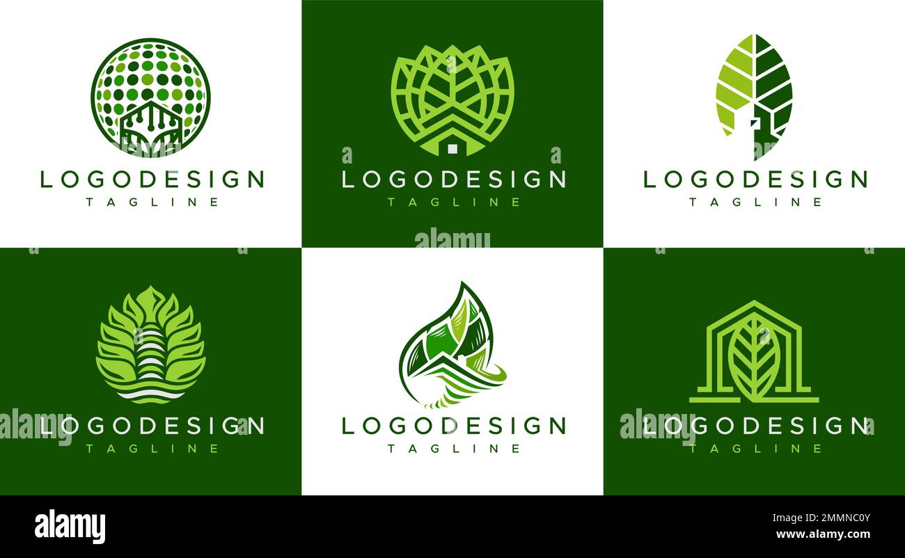 Green house logo design bundle. Set of leaf home logo branding vector ...