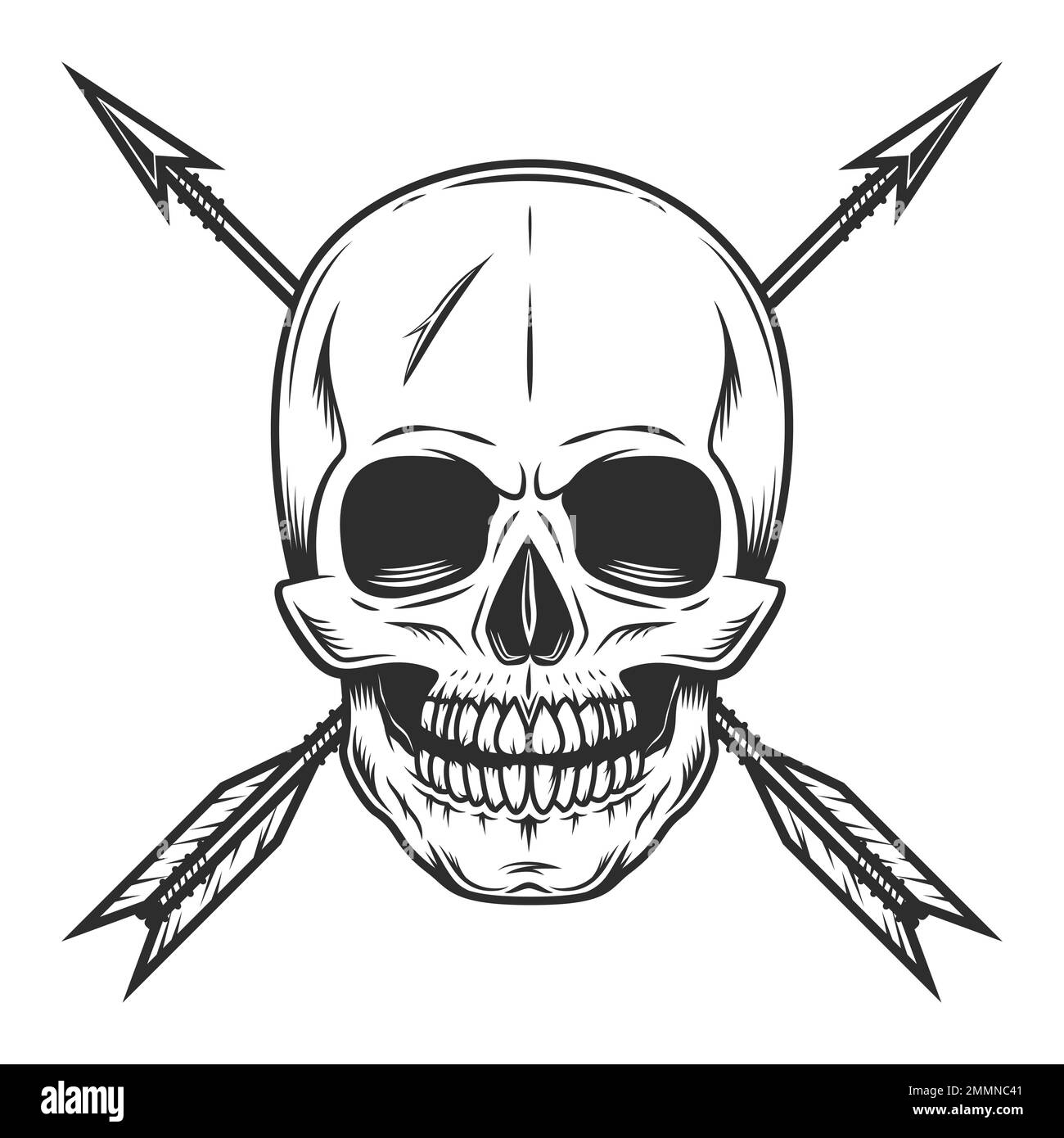 Skull and vintage hunting arrow in monochrome style isolated vector ...