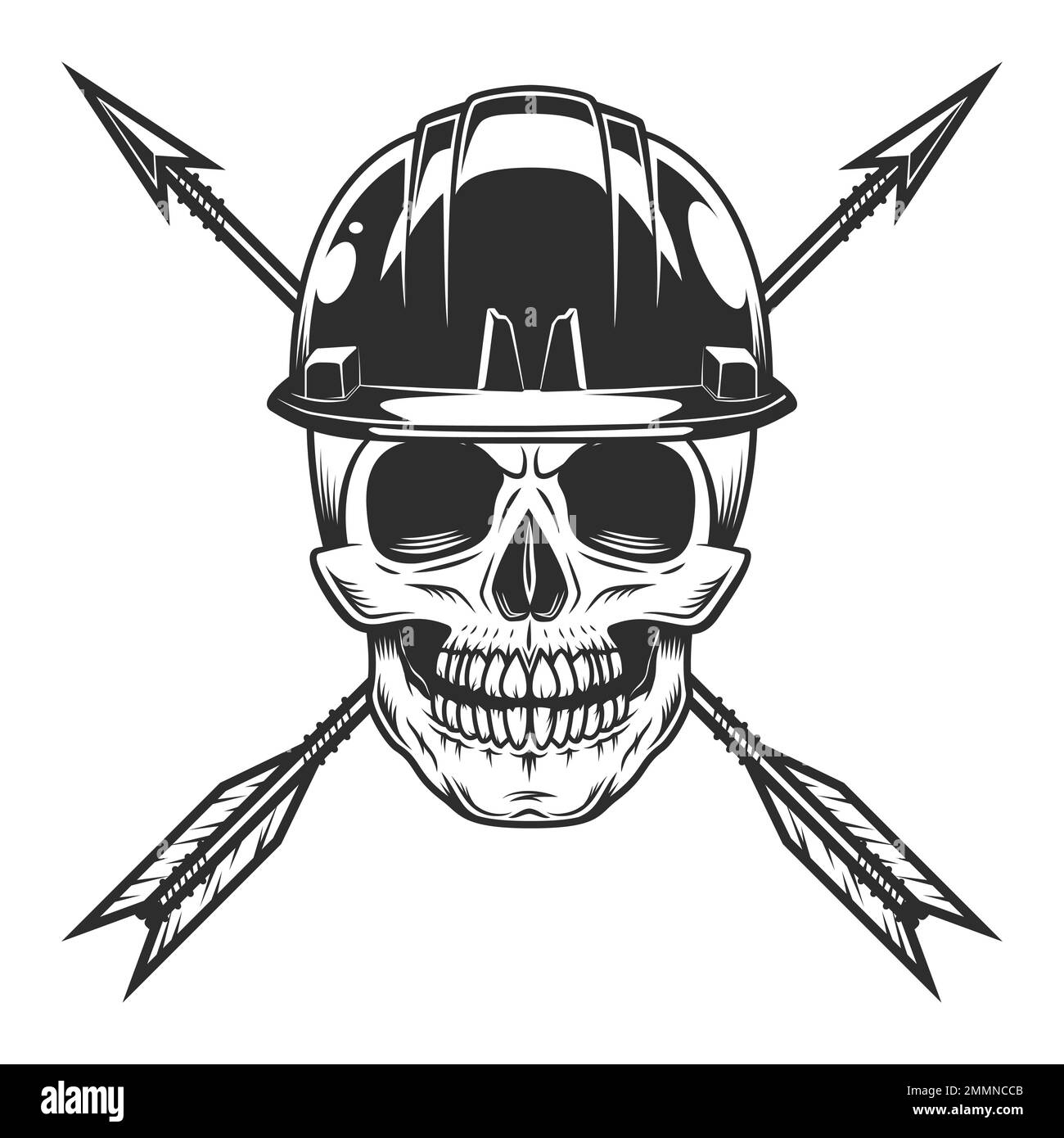 Skull with construction business hard hat and vintage hunting arrow in ...