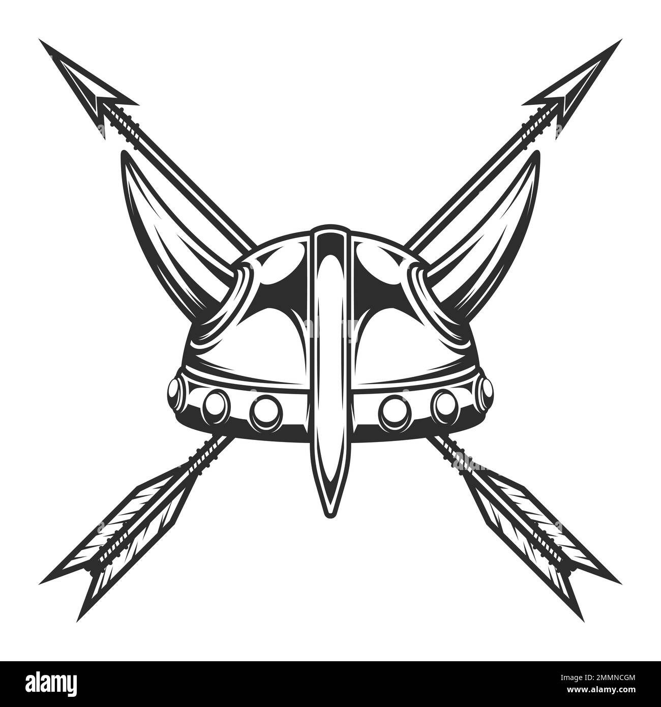 Viking helmet and vintage hunting arrow in monochrome style isolated ...