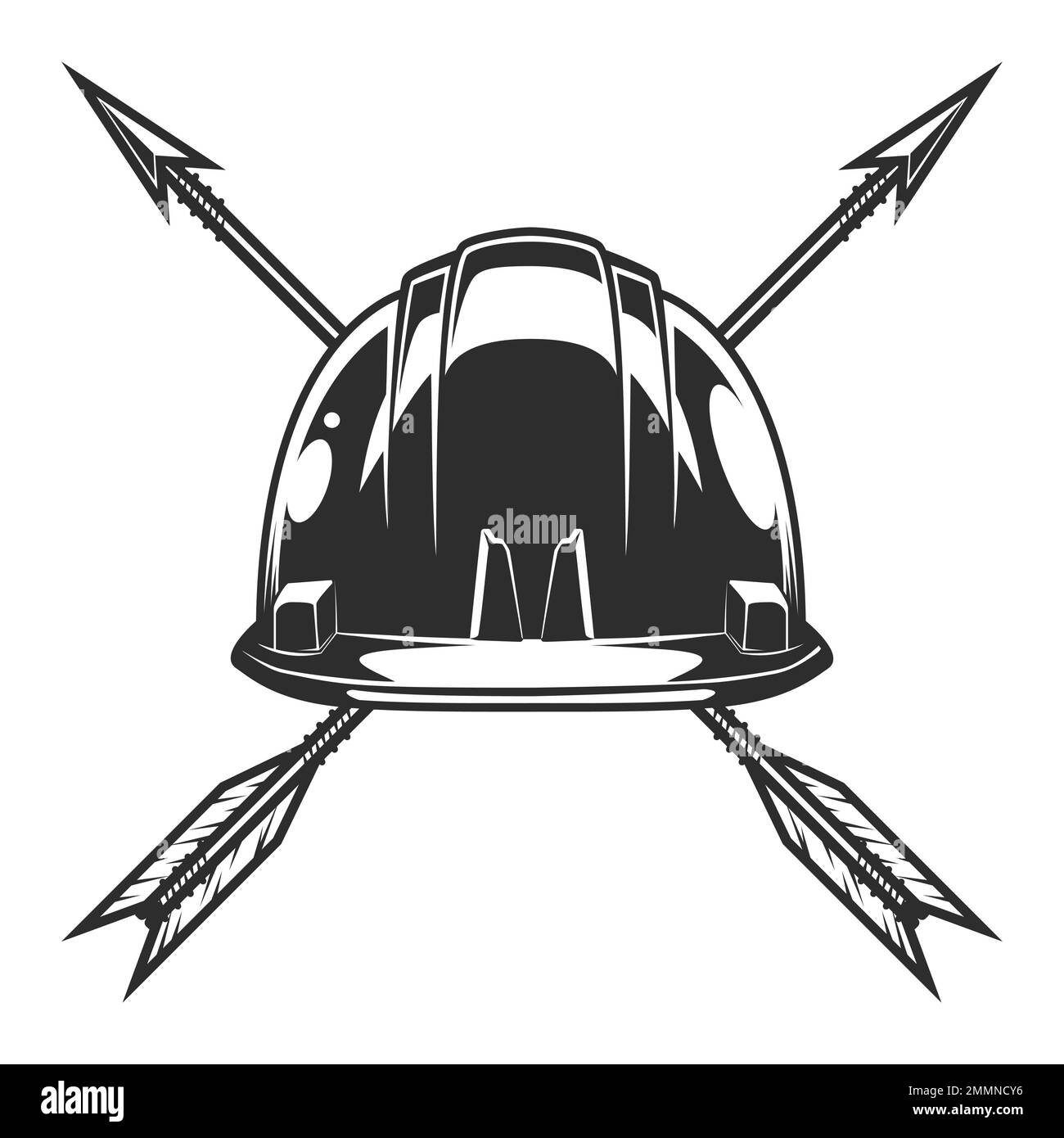 Construction hard hat and vintage hunting arrow in monochrome style ...
