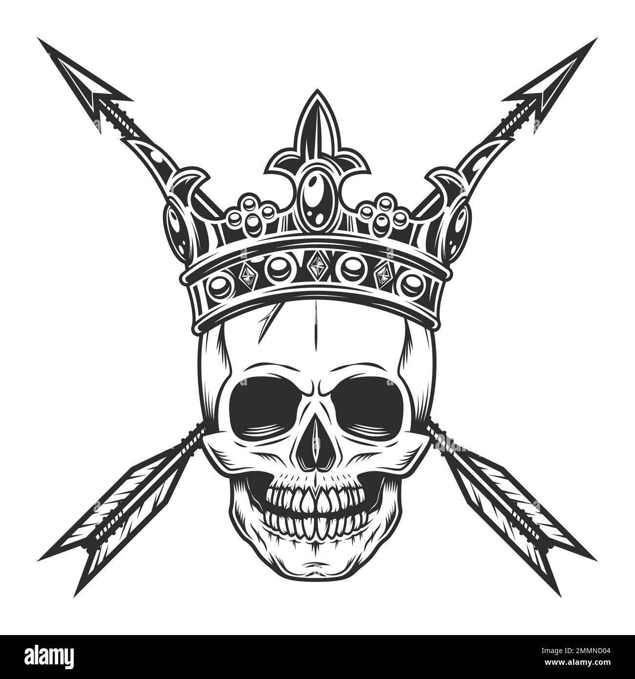 Skull with royal crown and vintage hunting arrow in monochrome style ...
