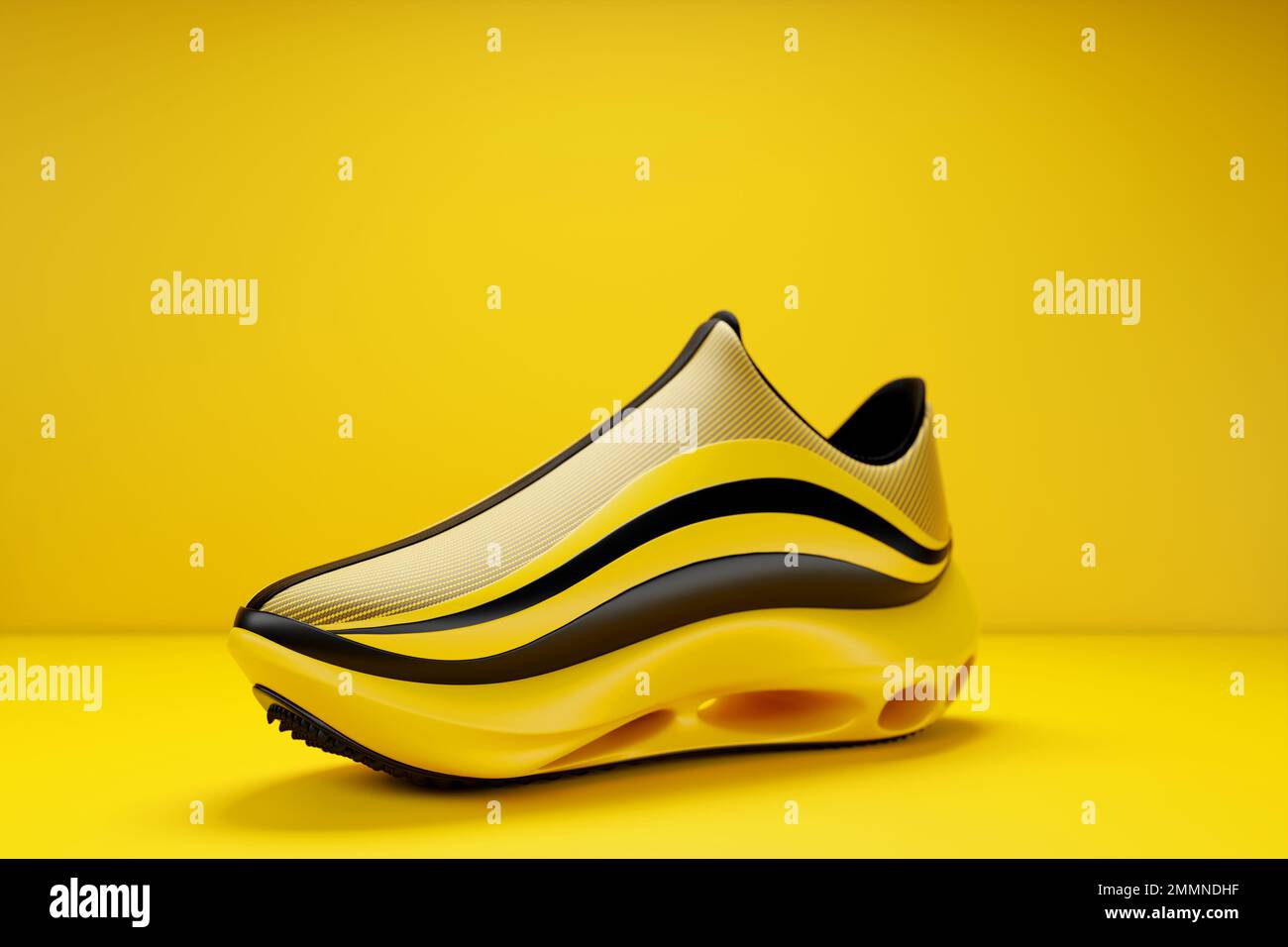 3d illustration of yellow-black sneakers with foam soles and closure ...