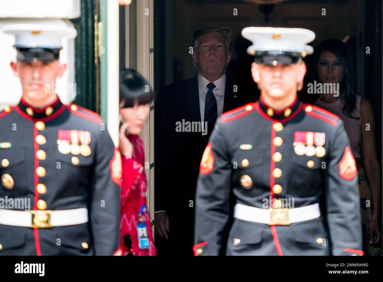 President Donald Trump and first lady Melania Trump arrive to greet Kenyan President Uhuru ...