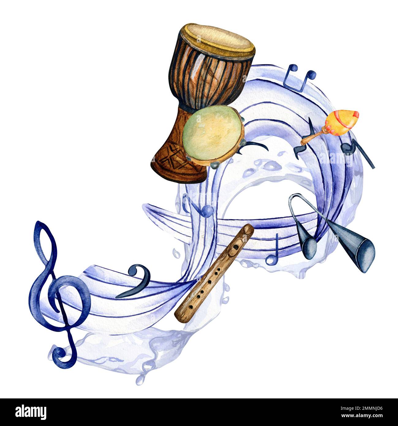 Treble clef, musical notes and djembe watercolor illustration on white ...