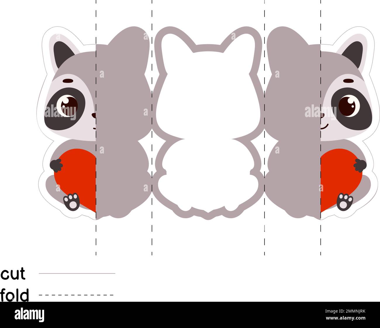 Cute raccoon hold heart. Fold long greeting card template. Great for St ...