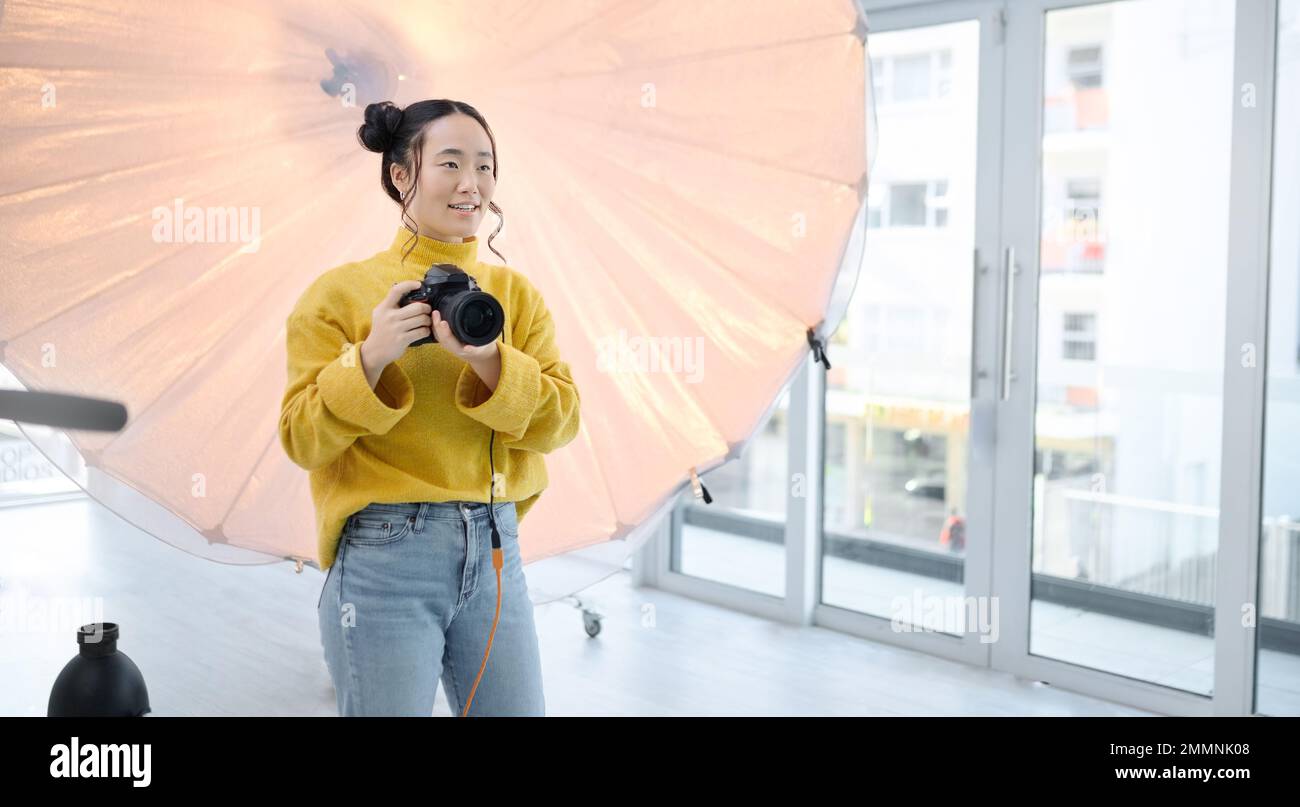 Digital photography, camera and woman in studio shooting creative ...