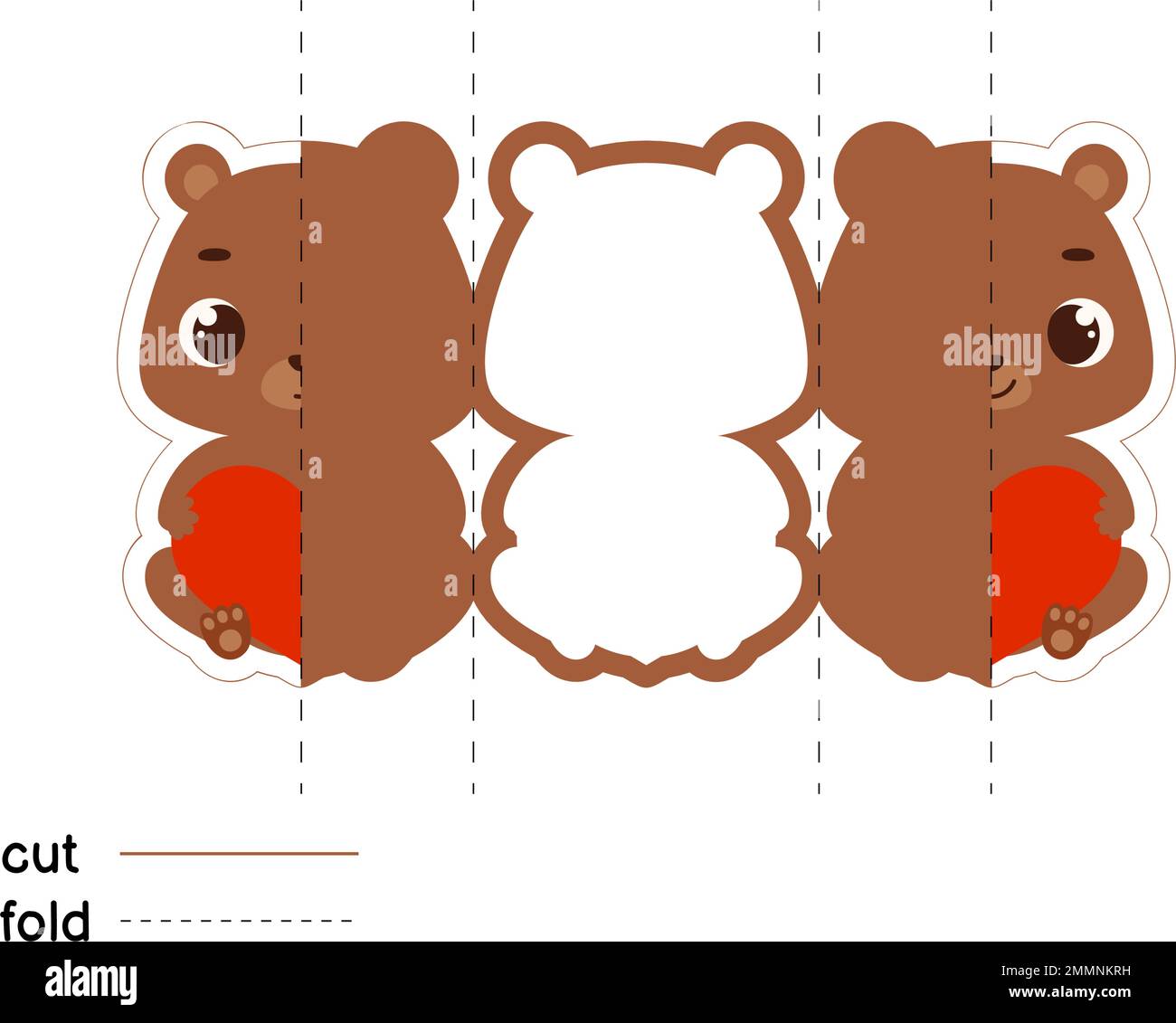 Cute bear hold heart. Fold long greeting card template. Great for St ...