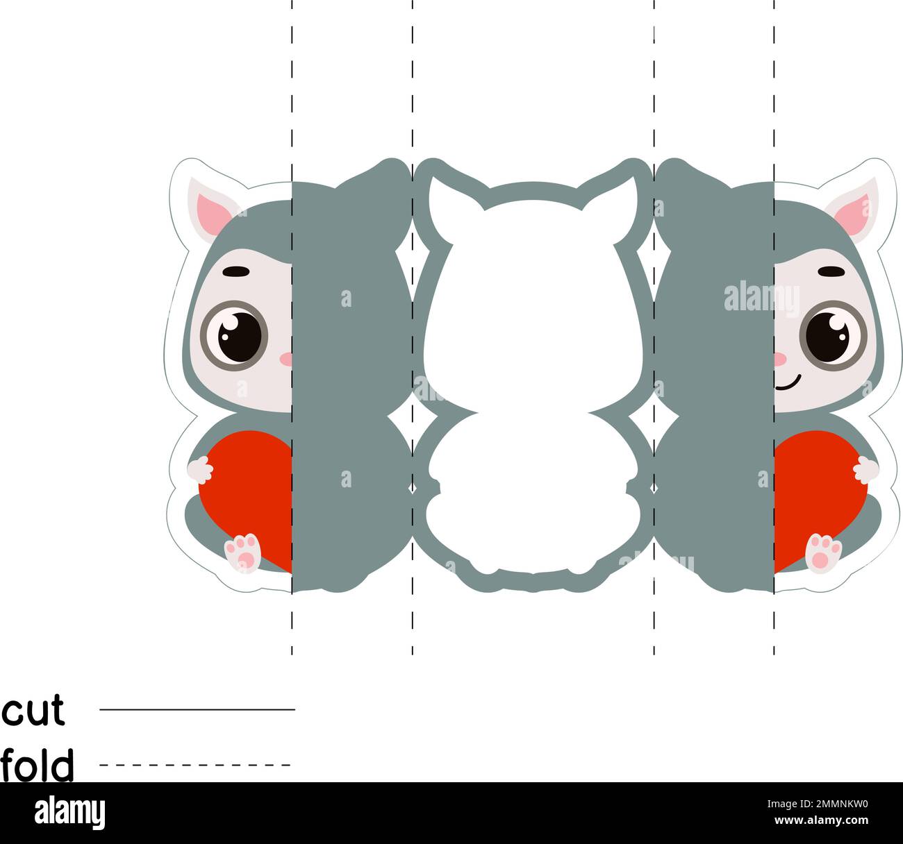 Cute opossum hold heart. Fold long greeting card template. Great for St ...