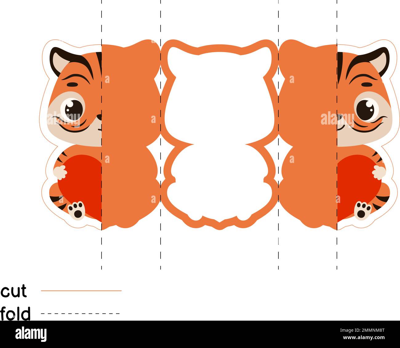 Cute tiger hold heart. Fold long greeting card template. Great for St ...