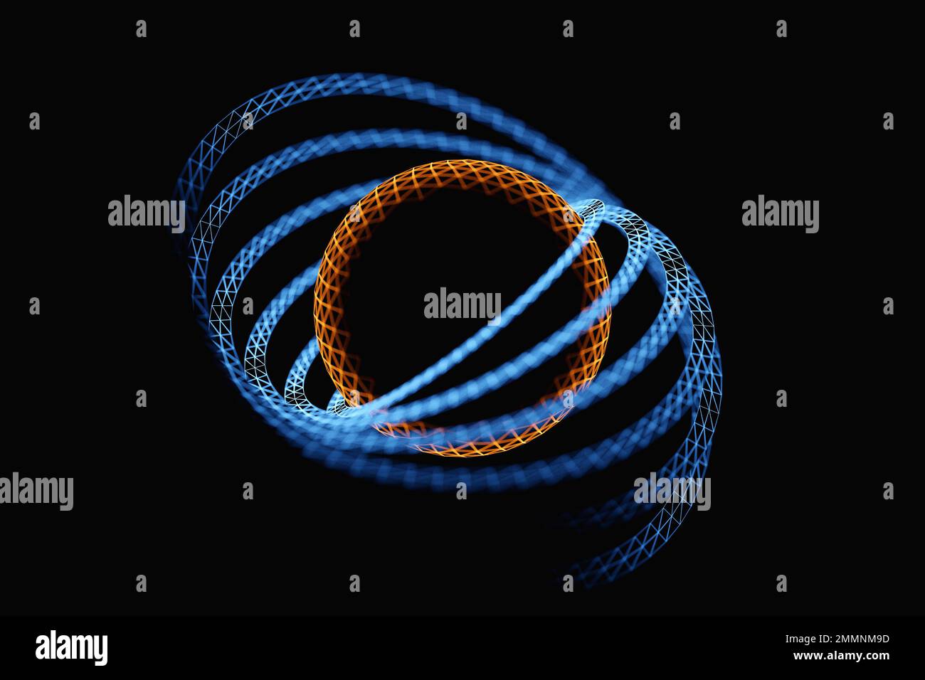 3D illustration of a orange metal ball with many faces on a black ...