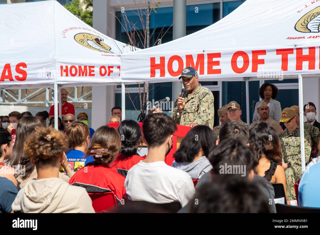 Capt. David Adams, Commander, Fleet Activities Sasebo (CFAS), speaks ...