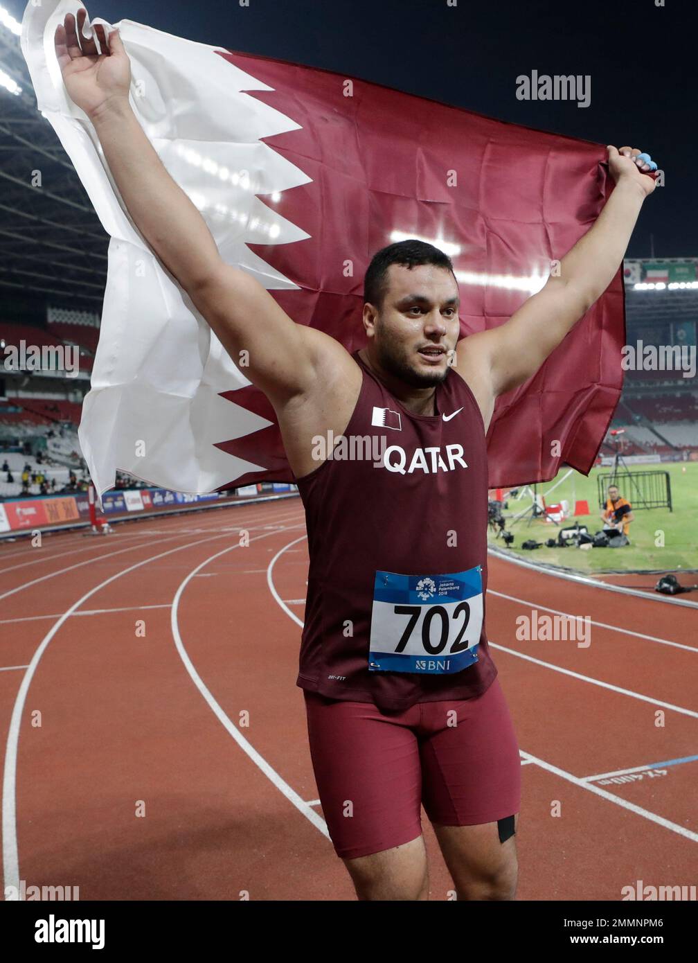 Qatar's Ashraf Elseify celebrates after winning the men's hammer throw ...
