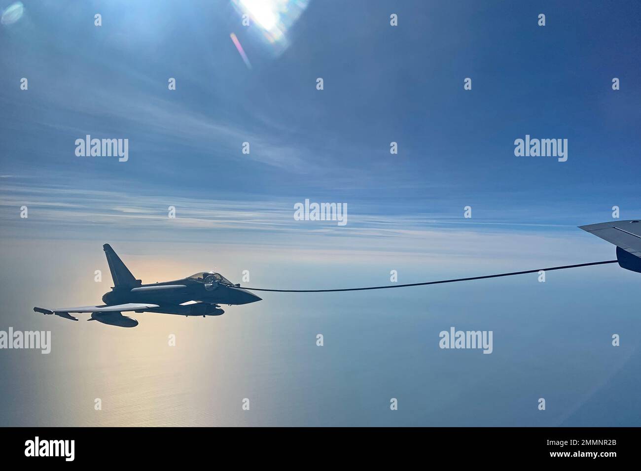 A Royal Air Force Eurofighter Typhoon aircraft receives fuel over the ...