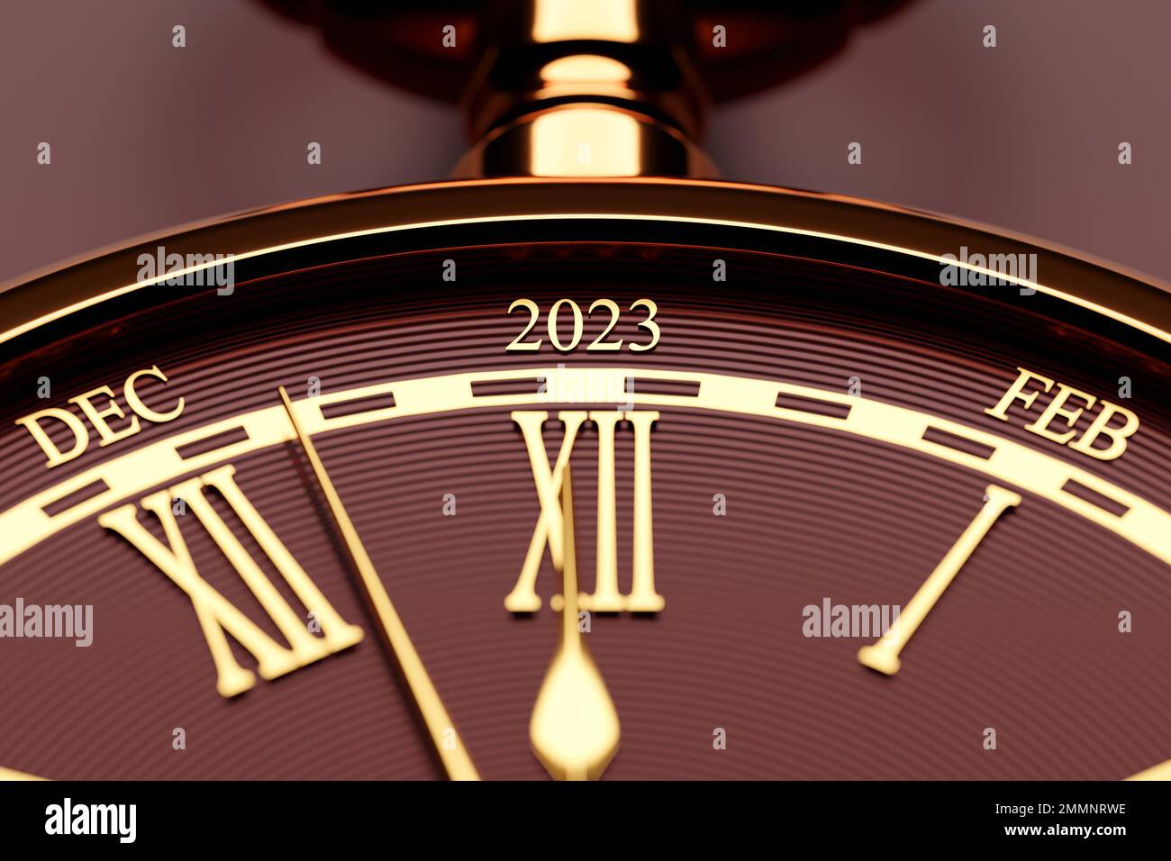 3d illustration of antique black round clock with cutoffs 2023 and ...