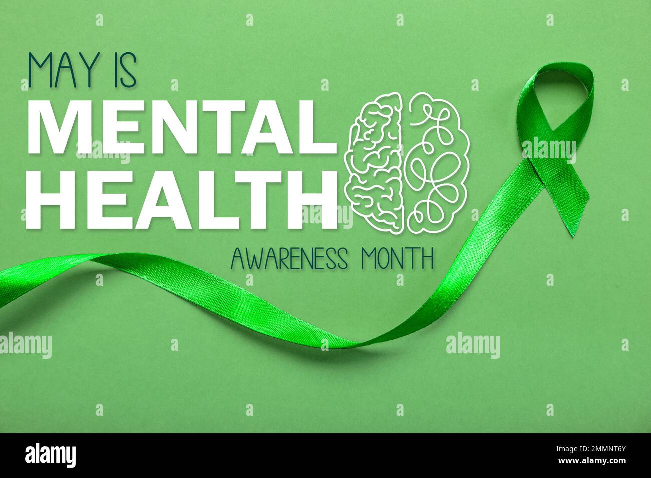 Green ribbon and text MAY IS MENTAL HEALTH AWARENESS MONTH Stock Photo ...