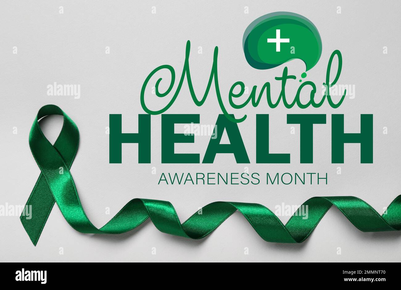 Green ribbon and text MENTAL HEALTH AWARENESS MONTH on light background ...