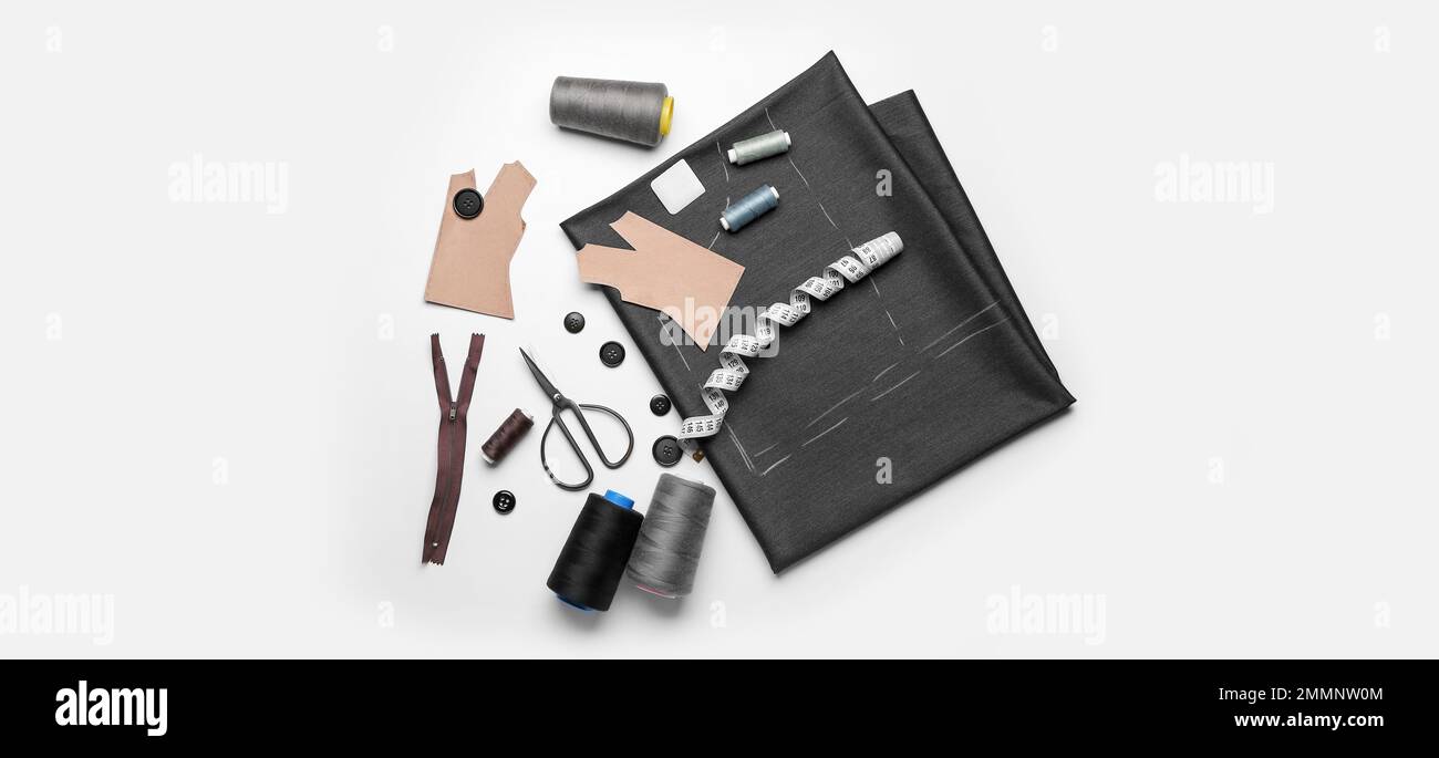 Set of tailor's supplies with sewing pattern on white background Stock ...