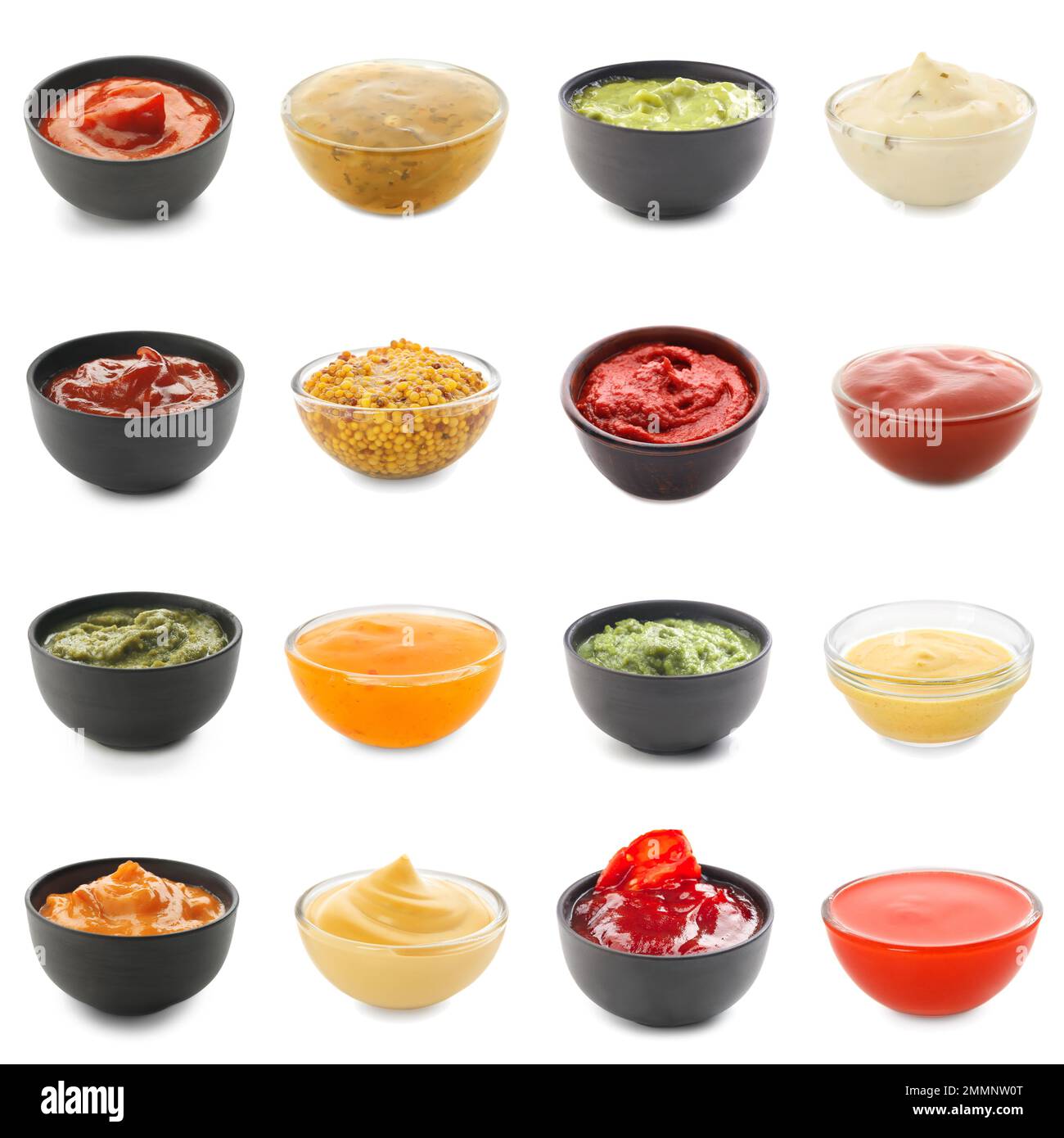 Collage of natural sauces in bowls on white background Stock Photo - Alamy