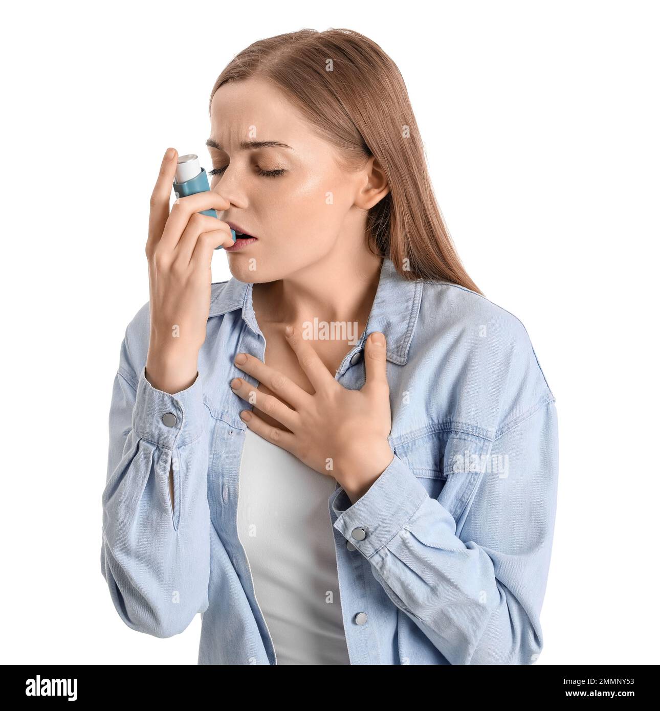 Sick young woman with inhaler on white background Stock Photo - Alamy