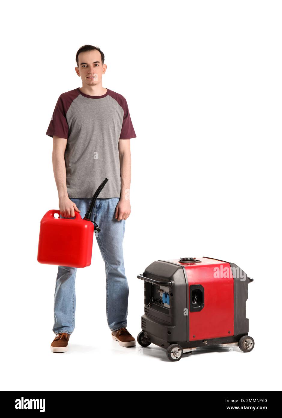 Young man with canister and portable gasoline generator on white ...