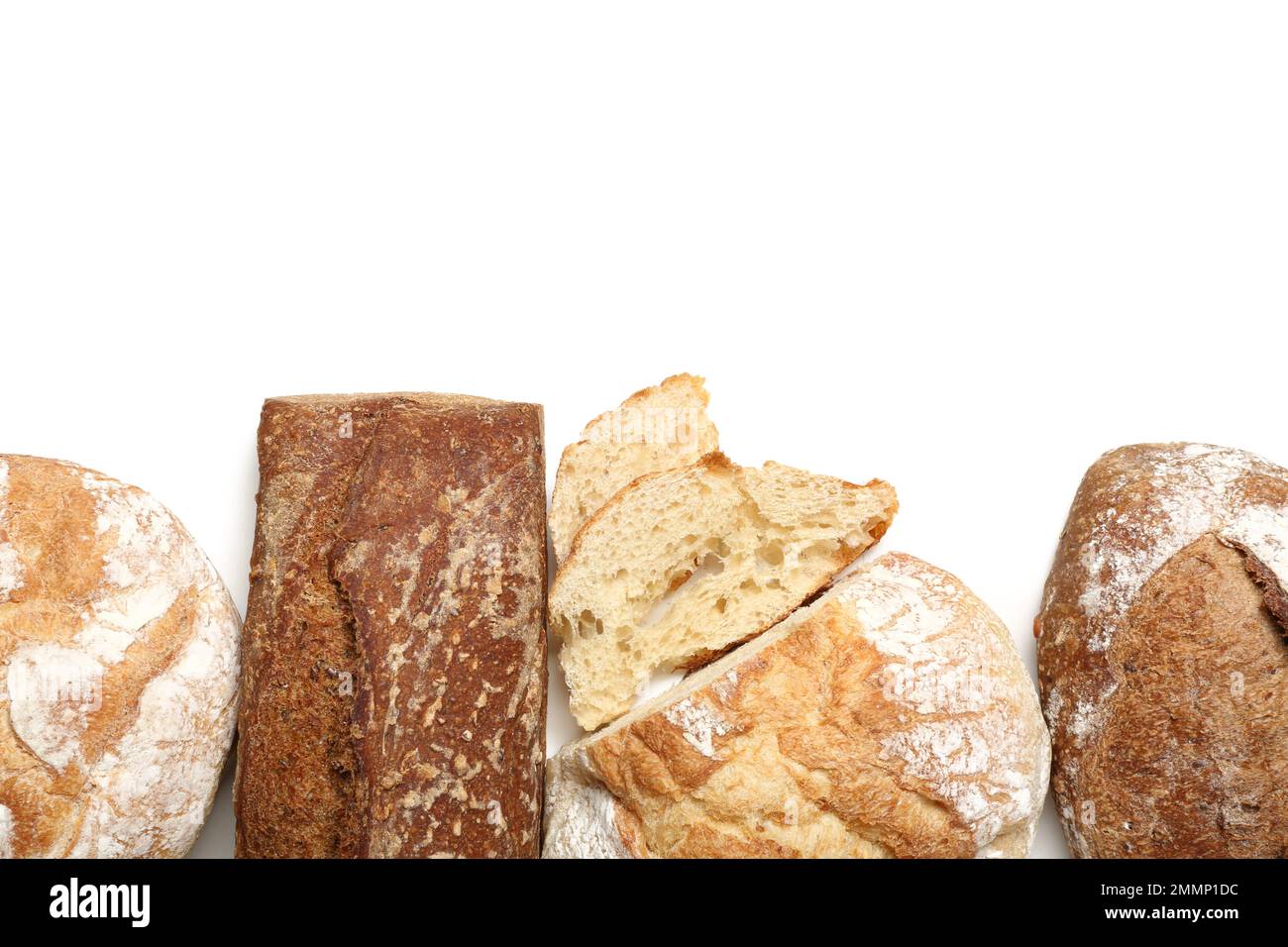 Fresh loaves of different bread isolated on white background Stock ...