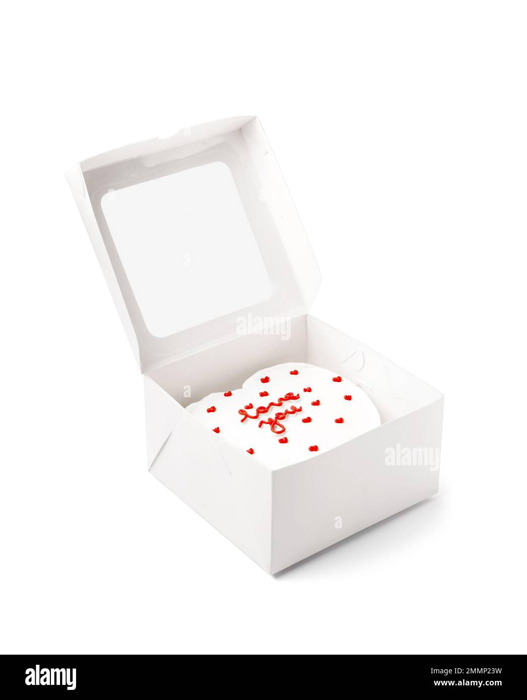 Opened box with tasty bento cake isolated on white background ...