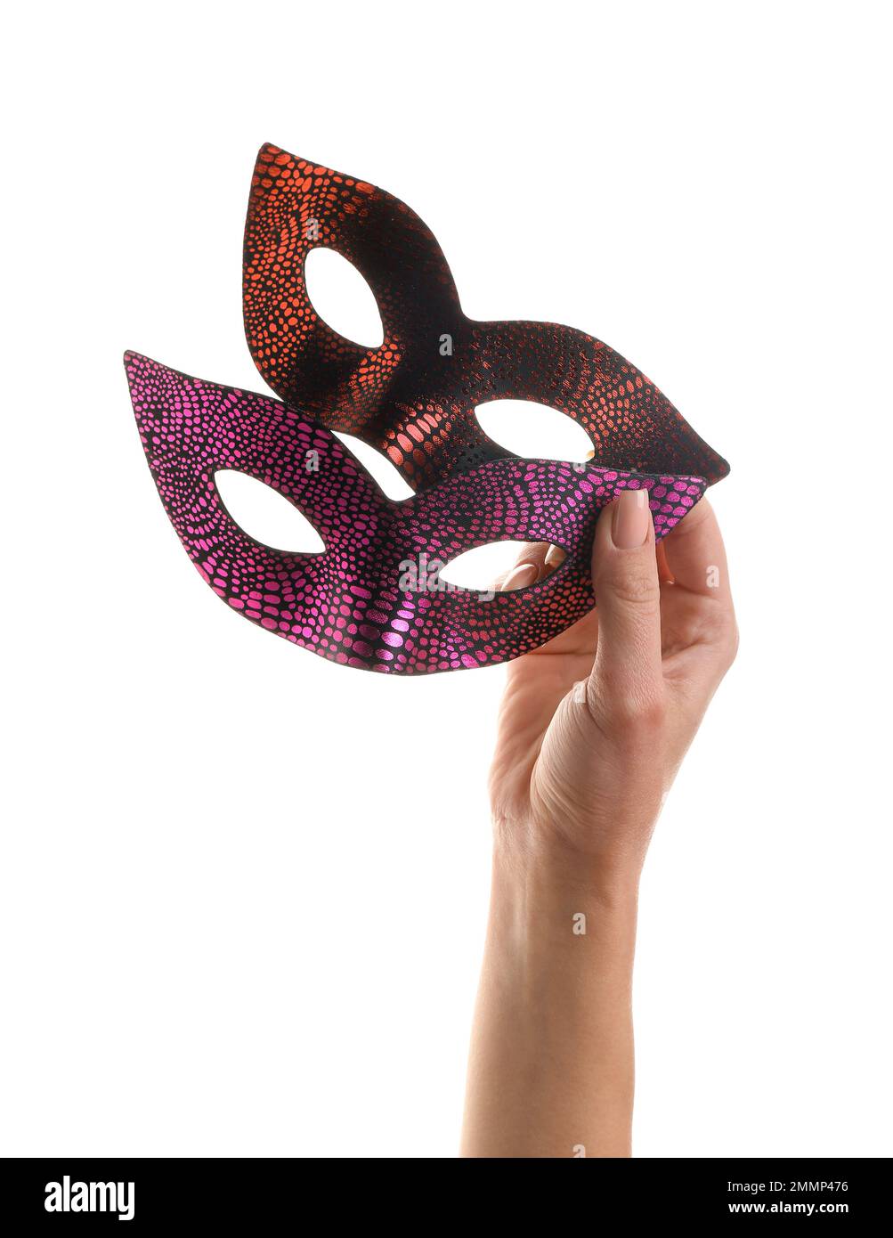 Woman with carnival masks for Purim holiday on white background Stock ...