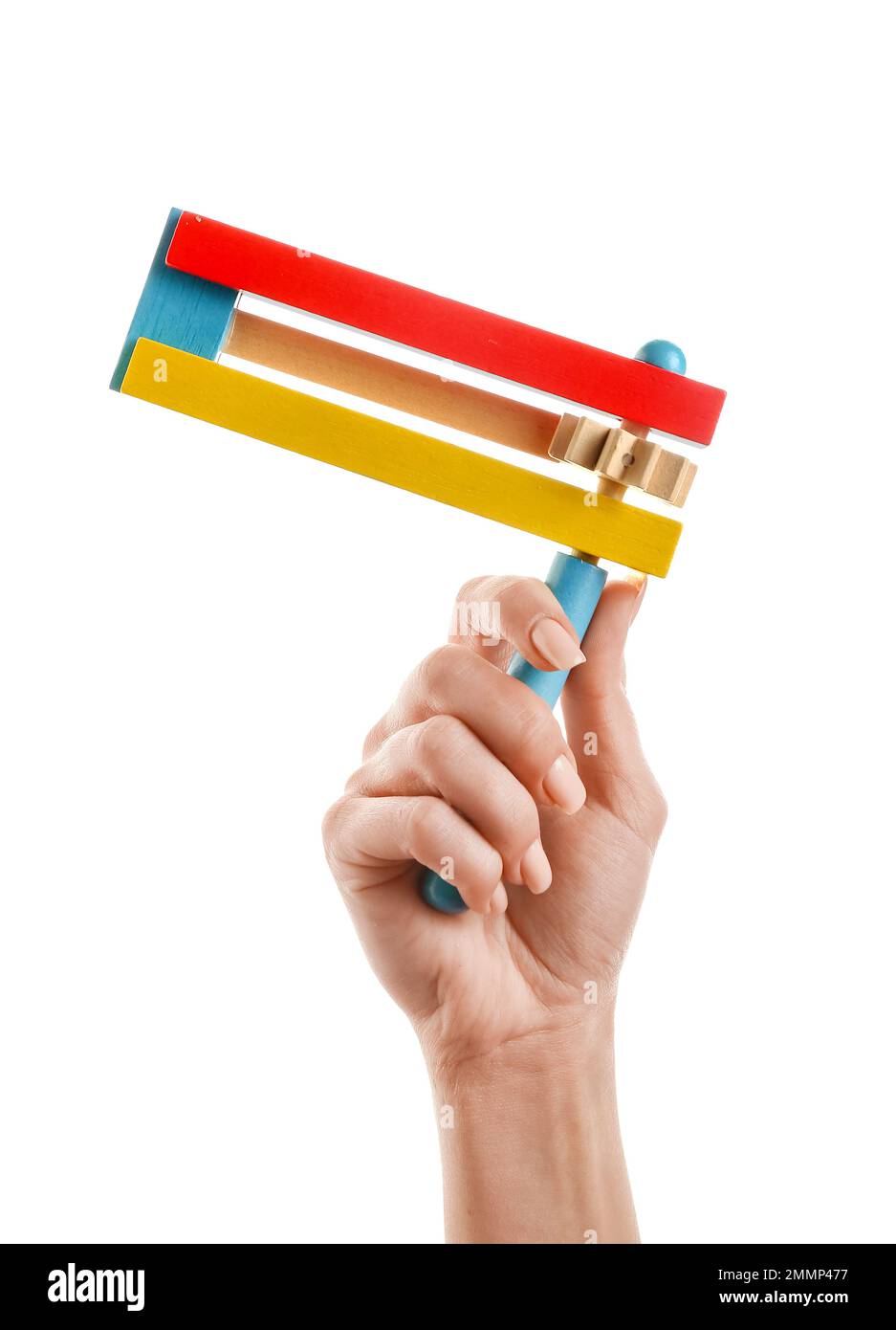 Woman with Jewish rattle for Purim holiday on white background Stock ...