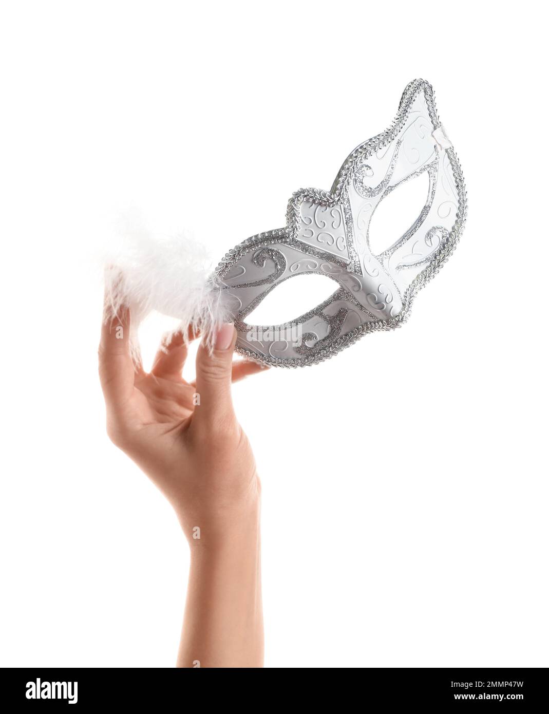 Woman with carnival mask for Purim holiday on white background Stock ...