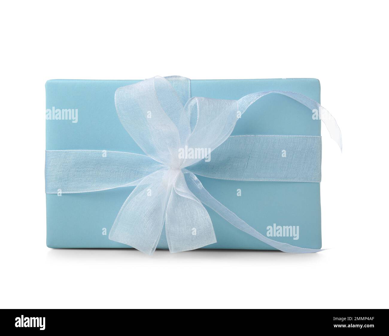 Beautiful gift box wrapped in blue paper on white background Stock ...