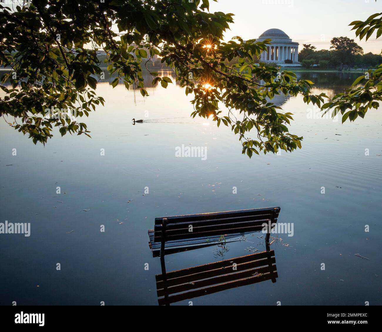 A bench is surrounded by water after recent heavy rains caused the ...