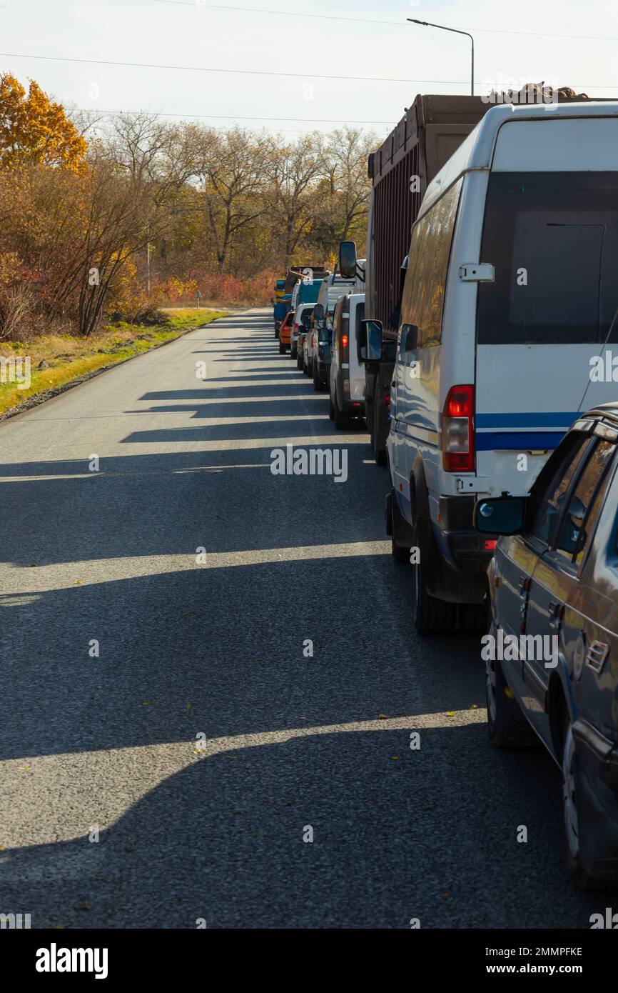 Traffic jam on busy road cars in row Stock Photo - Alamy