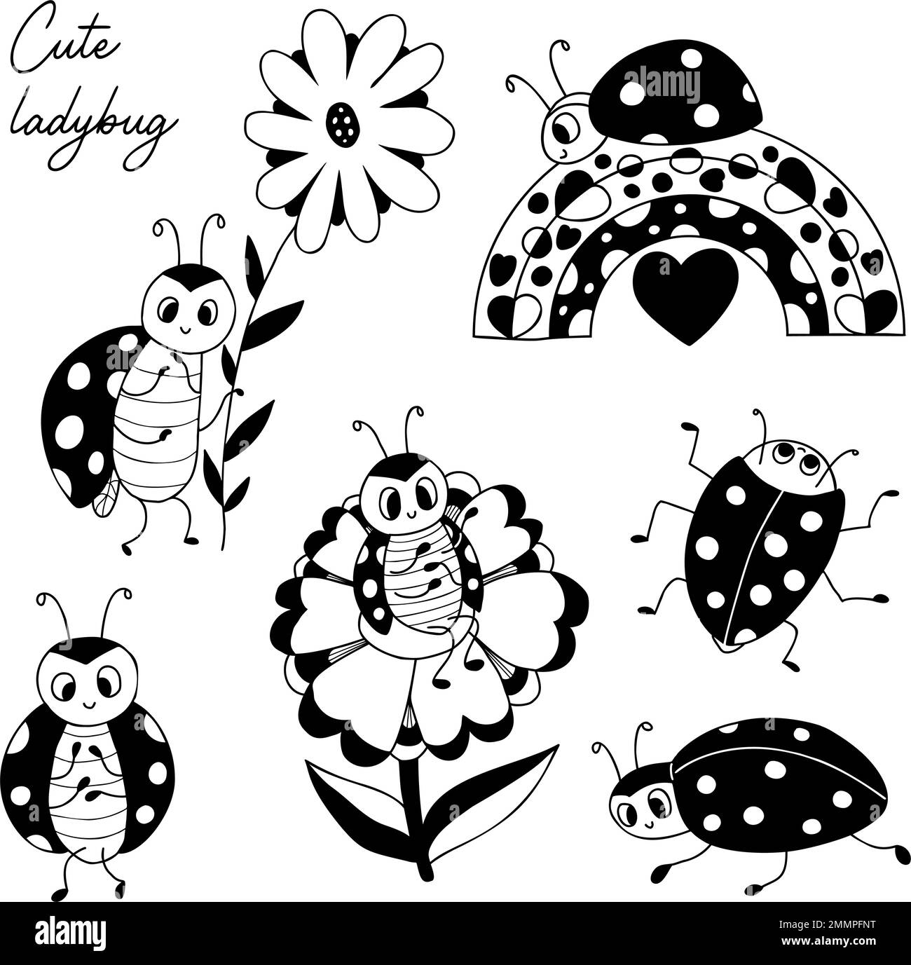 Cute ladybugs. Collection small insect ladybird on rainbow and flower ...