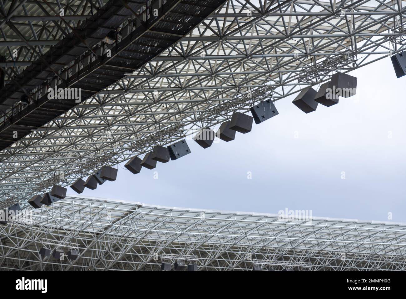 lights and speakers of sport stadium, Soccer football stadium roof ...