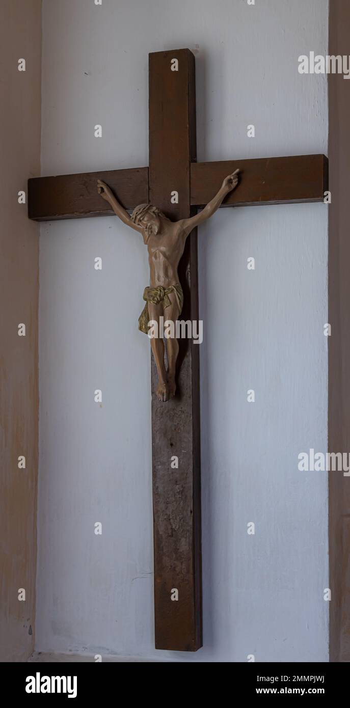 Jesus christ on the cross with Wall background in catholic church Stock ...