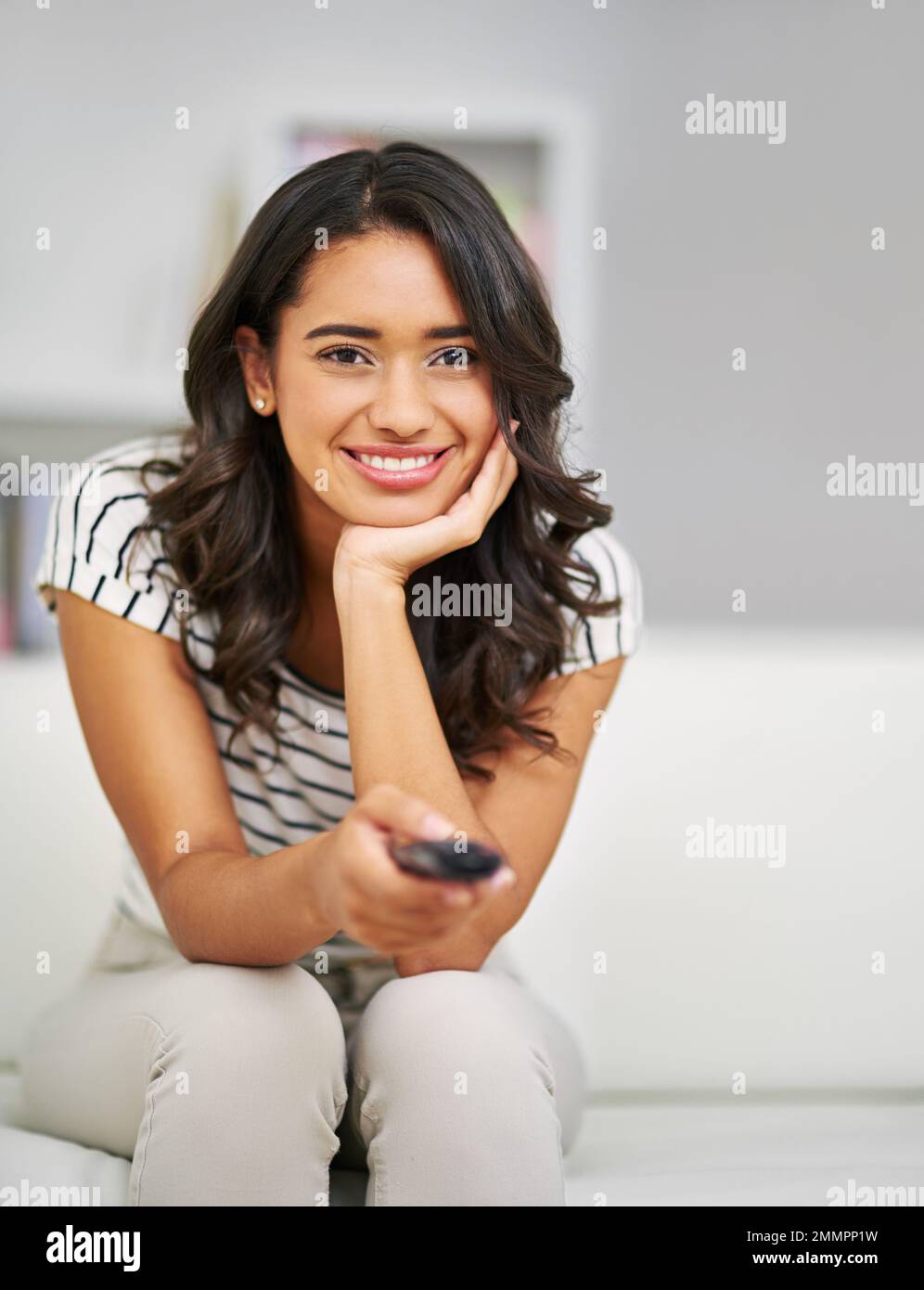 Shes getting into a new TV series. Cropped portrait of a young woman ...