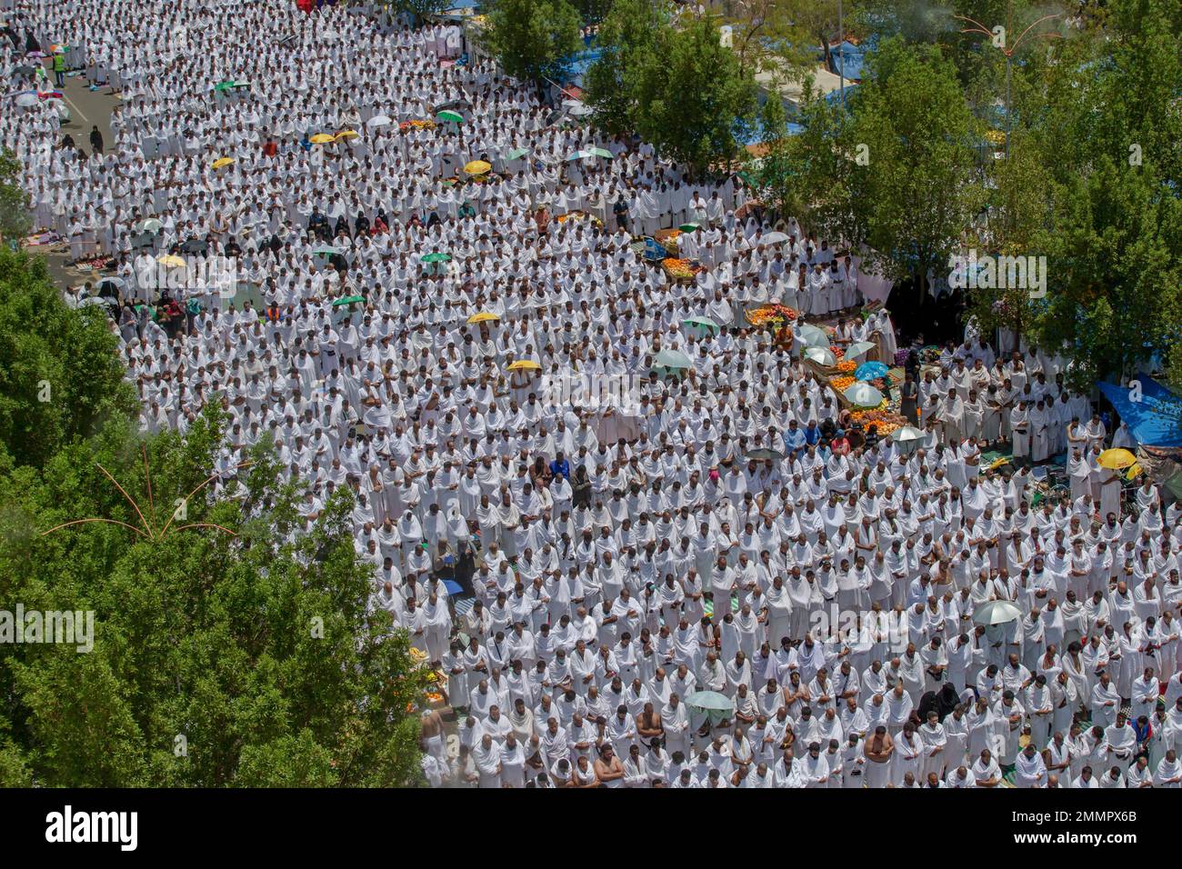 Muslim pilgrims attend noon prayers on the road near the Namirah mosque ...