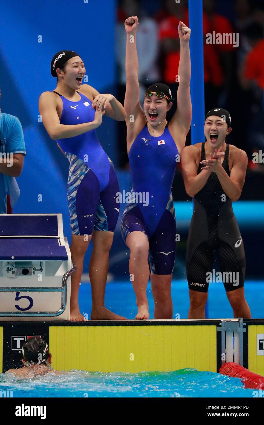 The Japanese team celebrates after winning the women's 4 x 100m ...