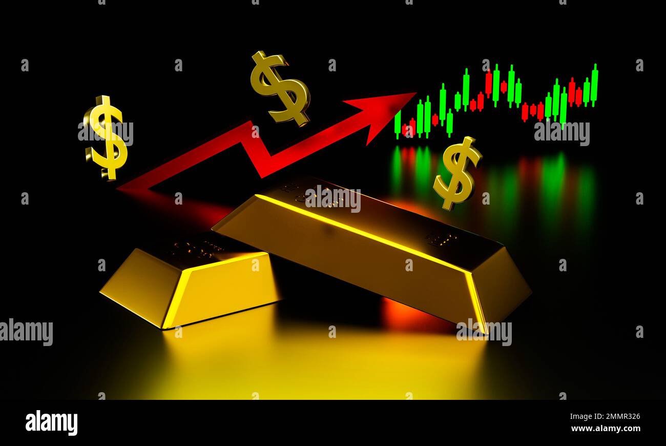 3d rendering Gold bars and dollar signs on black background concept ...